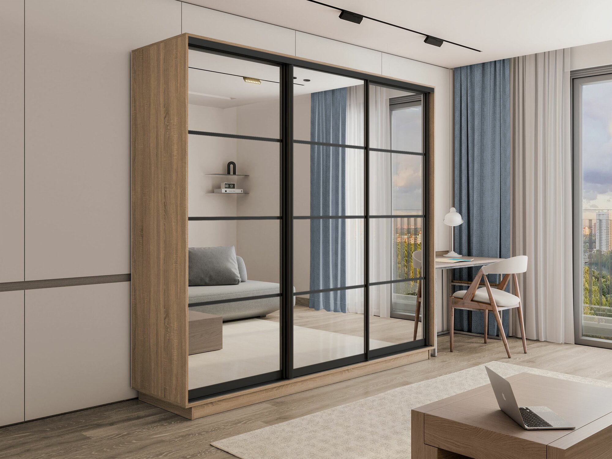 Шкаф-купе Вилли С4 3-х дверный, зеркальные двери, (черный профиль) 180х45х240 см. Сонома