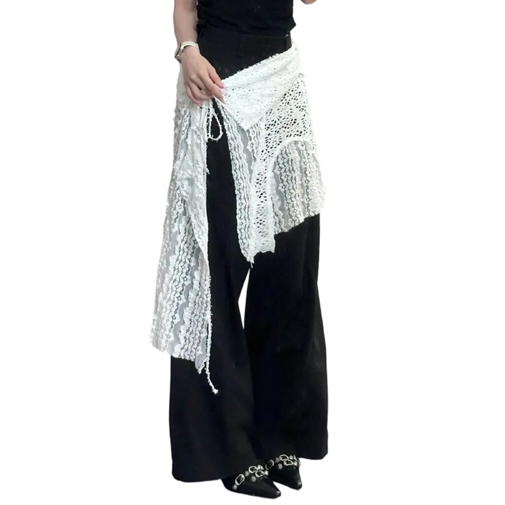 Women Korean Overlay Half Skirt Asymmetrical Hip Scarf Hollowout Floral Lace Tie Up Apron Skirt Mesh Shirt Extender