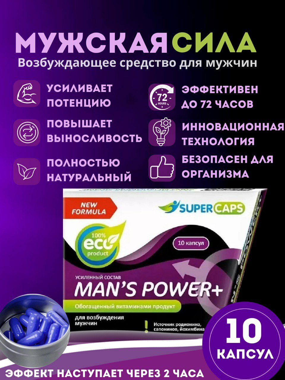 Продукт для возбуждения мужчин Суперкапс Man's Power + (МэнсПауэр плюс) - 10 капсул