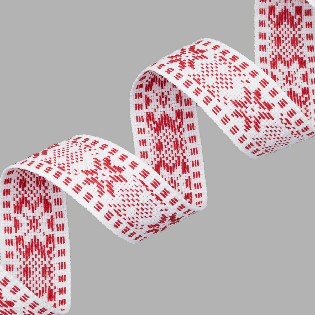 Лента жаккардовая декоративная для шитья и рукоделия, х/б, рис. 9875, цвет белый/красный, ширина 2,5 см, длина 25 м