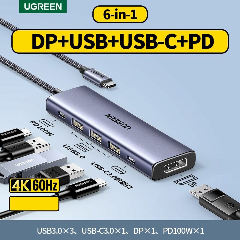 USB-Концентратор UGREEN 6-in-1 (75642), 4K DP, USB 3.0, USB-C 3.0, PD 100W Hub