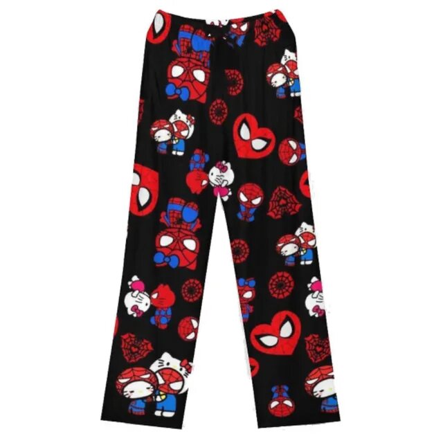 Пижамные штаны Hello Kitty из хлопка, женские, мужские, с рисунком из мультфильмов, свободные, для дома, для девочек, весенние, Размер: XL(55-65кг)