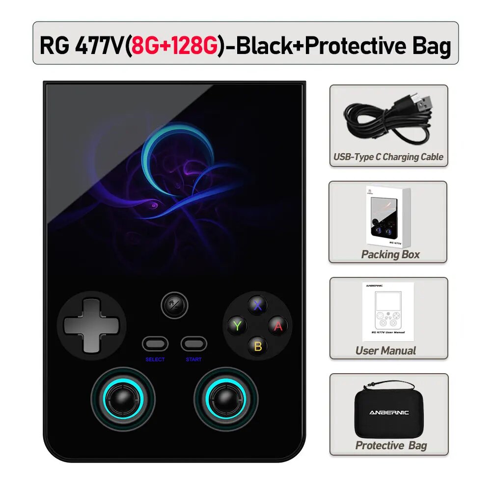 Anbernic RG 477V Retro Консоль для игр 256G(8K Games), Black 8G 128G BAG