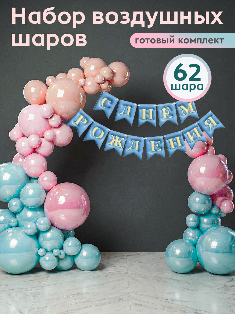 Воздушные шары на день рождения, набор для фотозоны, арка с растяжкой "С днем рождения!", 65 предметов