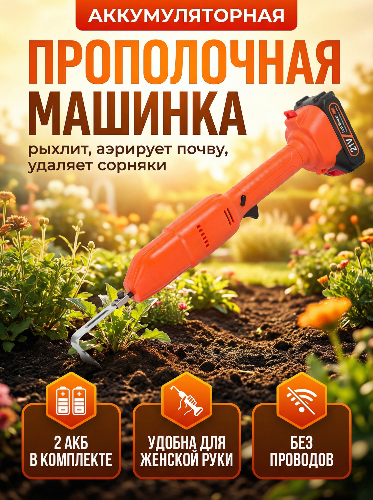 Прополочная машинка аккумуляторная садовая, электротяпка беспроводная