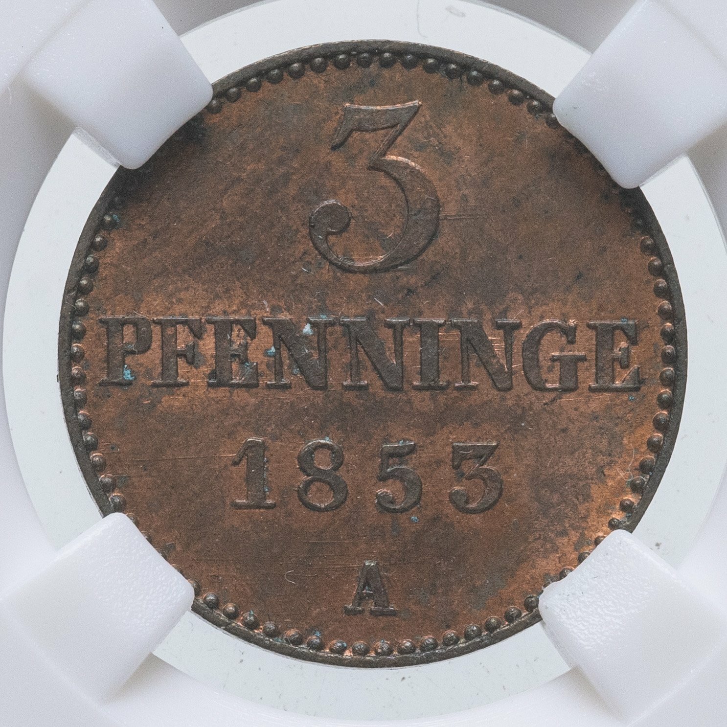 Германия, Мекленбург-Шверин 3 пфеннига 1853 в слабе ННР MS63, Медь