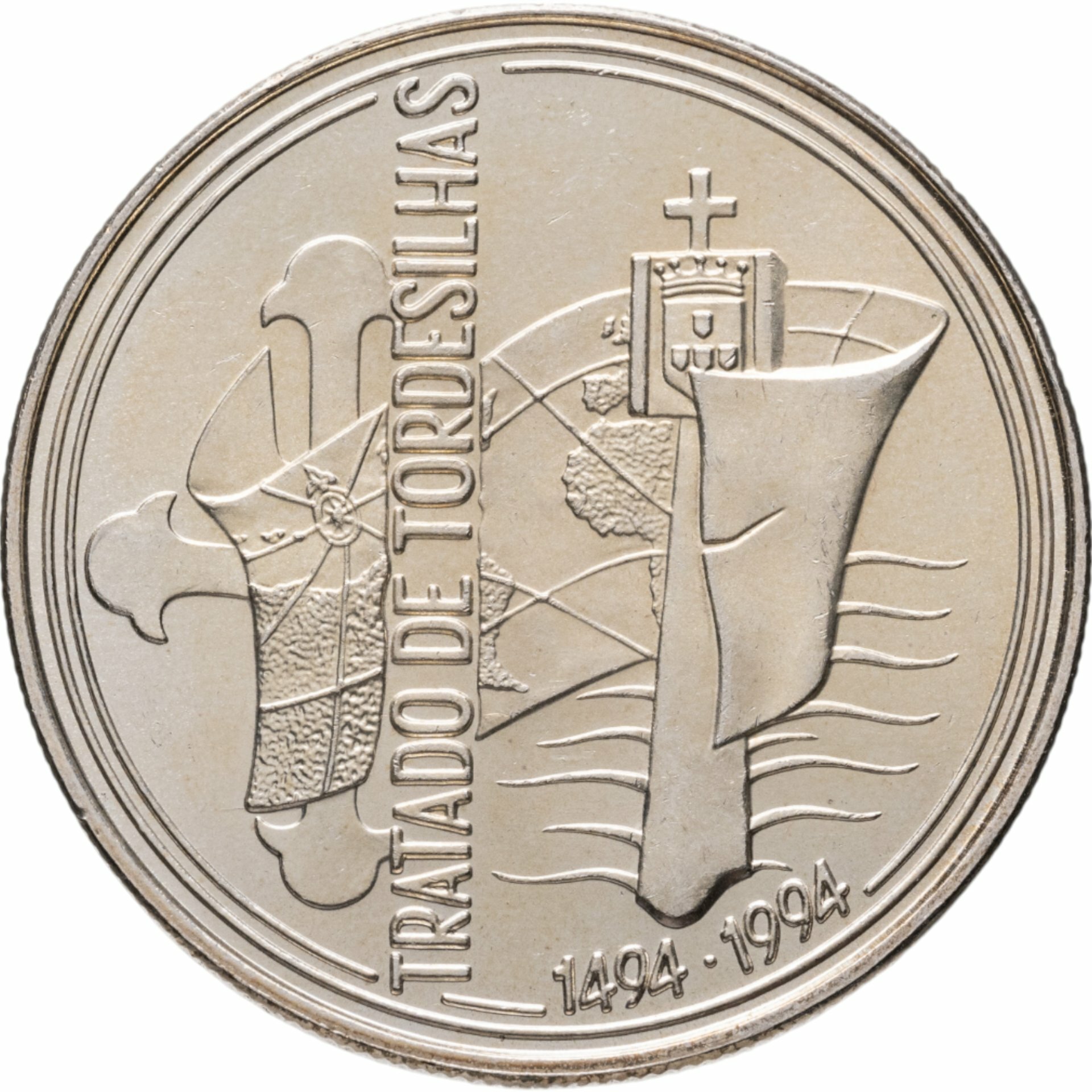 Португалия 1000 эскудо escudos 1994 500 лет Тордесильясскому договору, Серебро 500, в сохранности AU-UNC