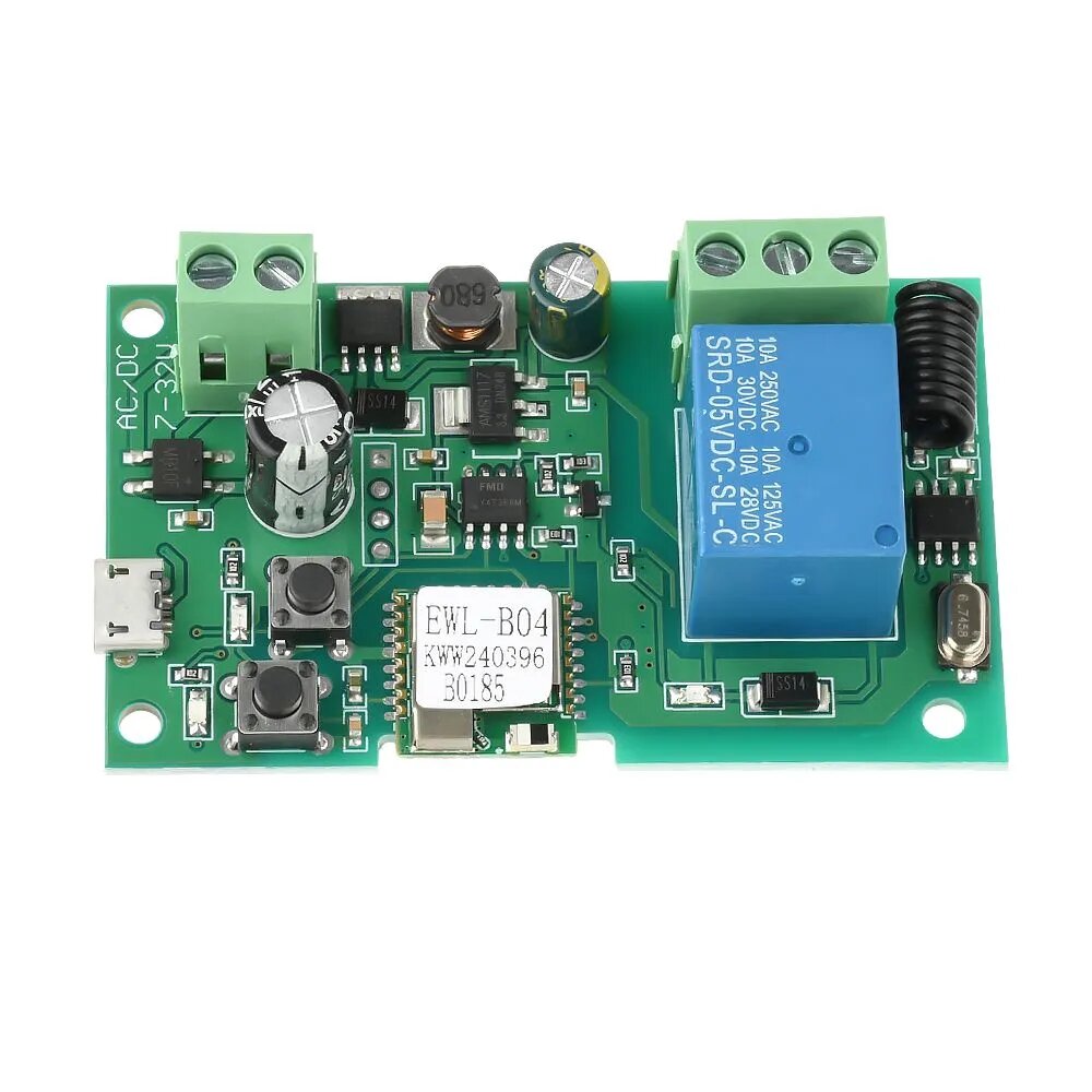 Модуль реле с удаленным управлением по Wi-Fi, разъем Micro USB, печатная плата (PCB)/ eWeLink(Yiweilian APP USB 5V / DC7-32V /Поддерживает управление с помощью пульта на частоте 433 МГц