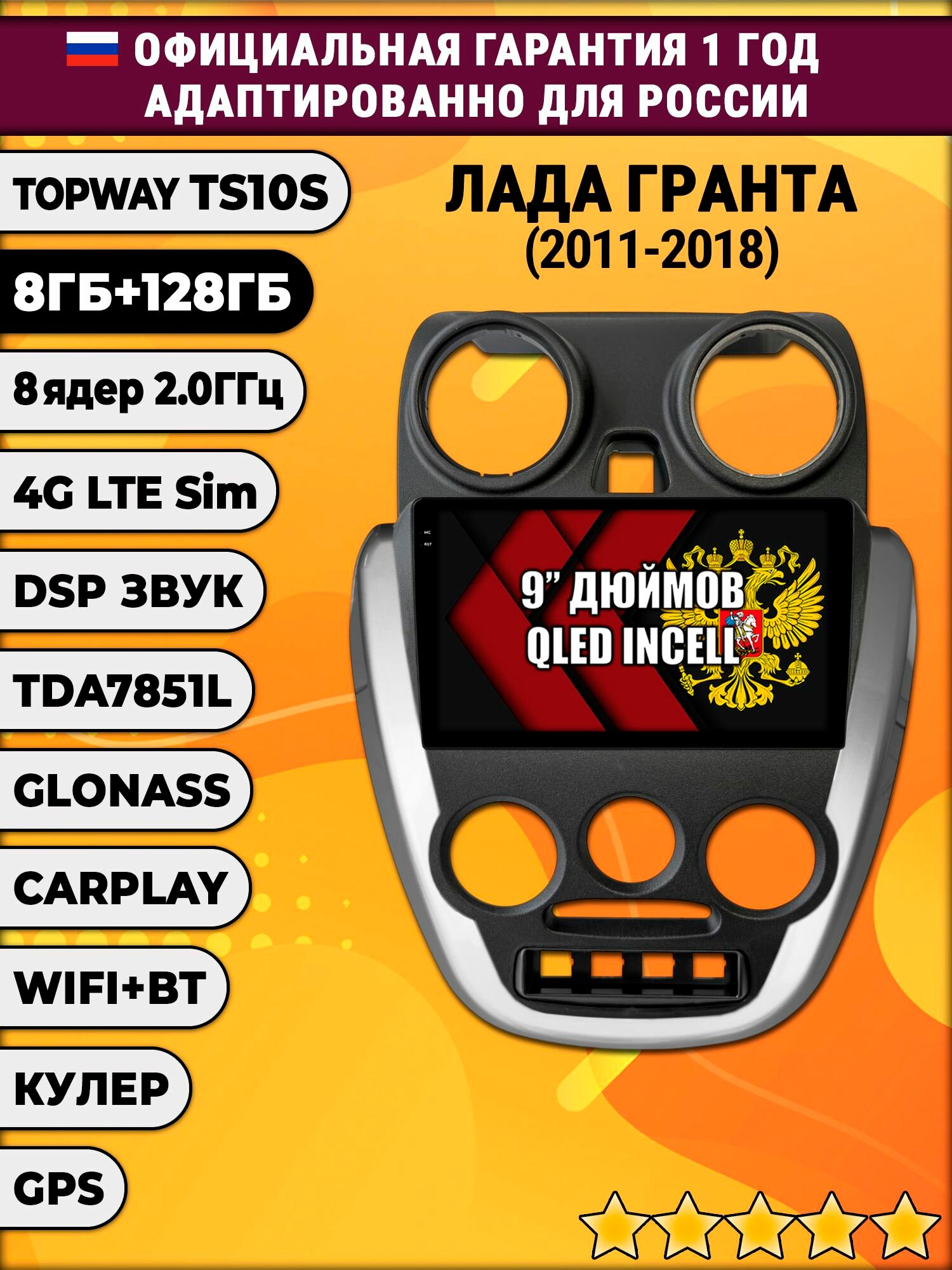 8 ядер TS105, память 8/128гб для LADA GRANTA гранта (2011-2018), Android магнитола