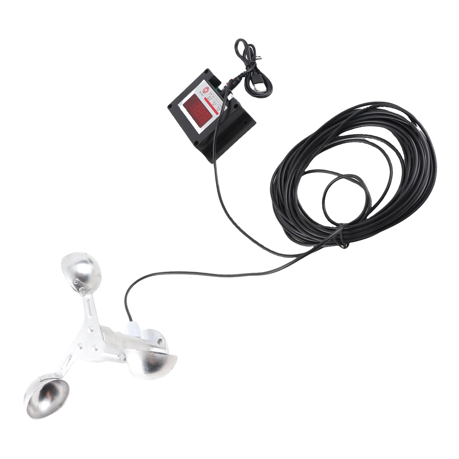 Анемометр для башенных кранов с алармом, измеритель скорости ветра, метеостанция, аларм скорости ветра, 3 чаши, 220В, USB 5В, алюминий, ABS, вес 676г, размер 10.8x7.3x3см, отверстие монтажа 9.7x5.3см, длина кабеля 8м, точность ±5%, температура -30-65℃,