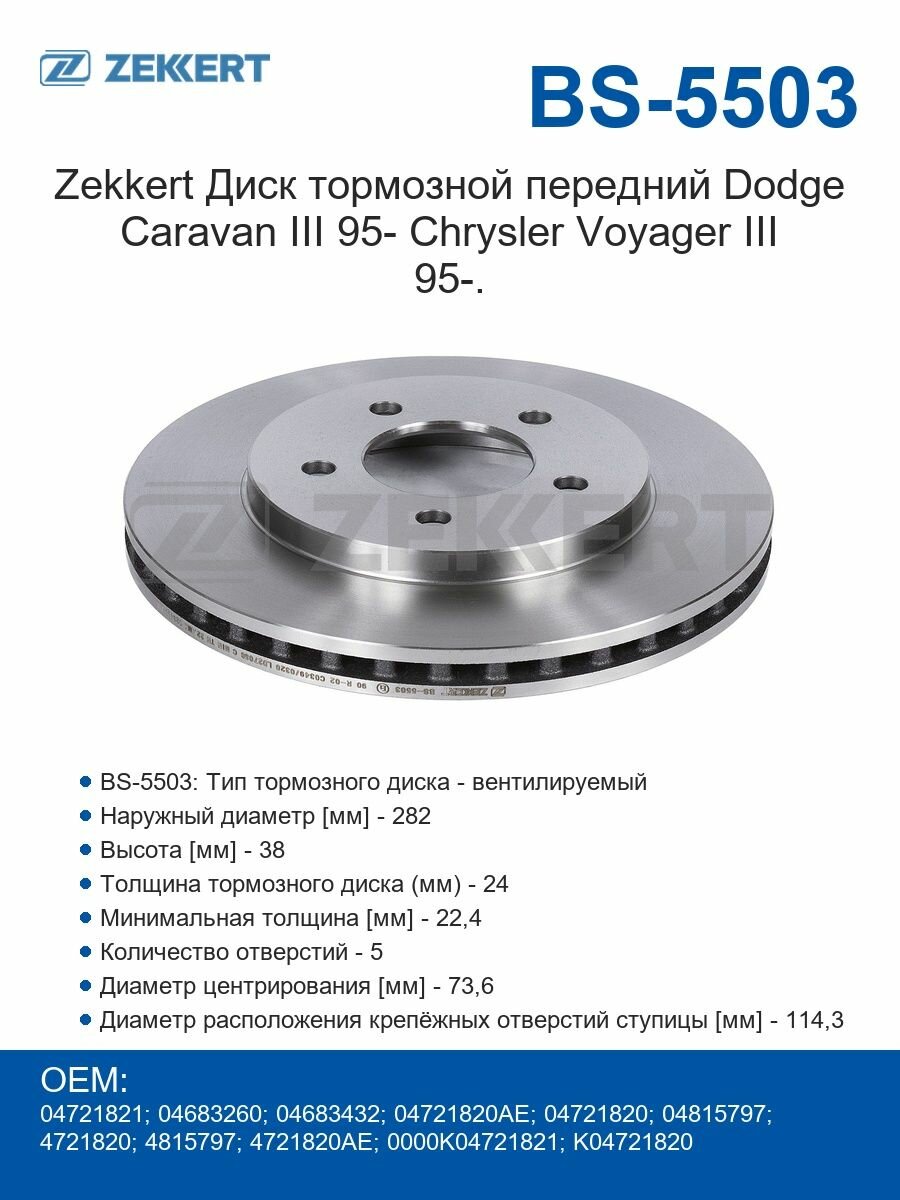 Zekkert Диск тормозной передний Dodge Caravan III 95- Chrysler Voyager III 95-.