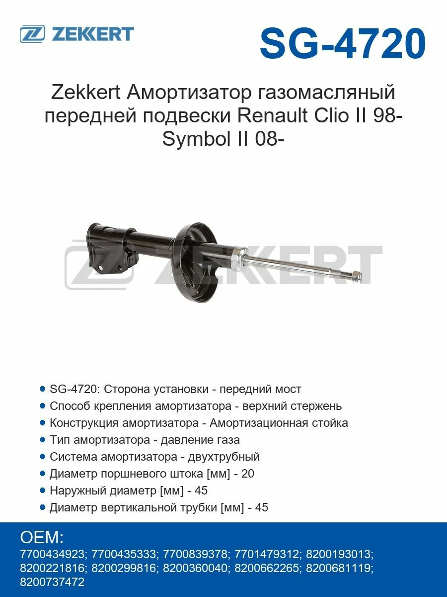 Zekkert Амортизатор газомасляный передней подвески Renault Clio II 98- Symbol II 08-