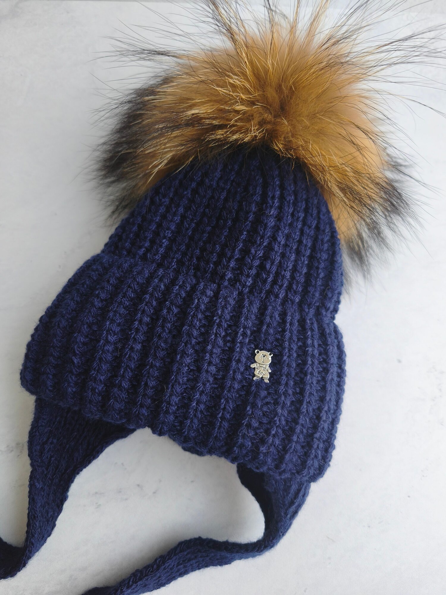 Шапка для новорожденного (0-6 мес.) с помпоном из натурального меха для мальчиков