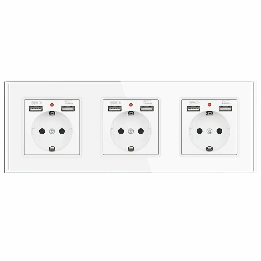 Розетка тройная с USB, в стандартный подрозетник, рамка закаленное стекло Белая