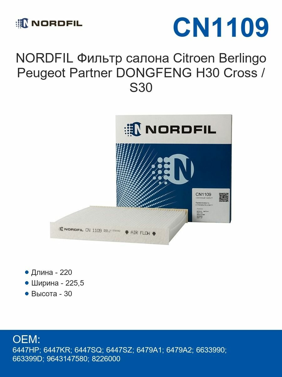 NORDFIL Фильтр салона Citroen Berlingo Peugeot Partner DONGFENG H30 Cross / S30