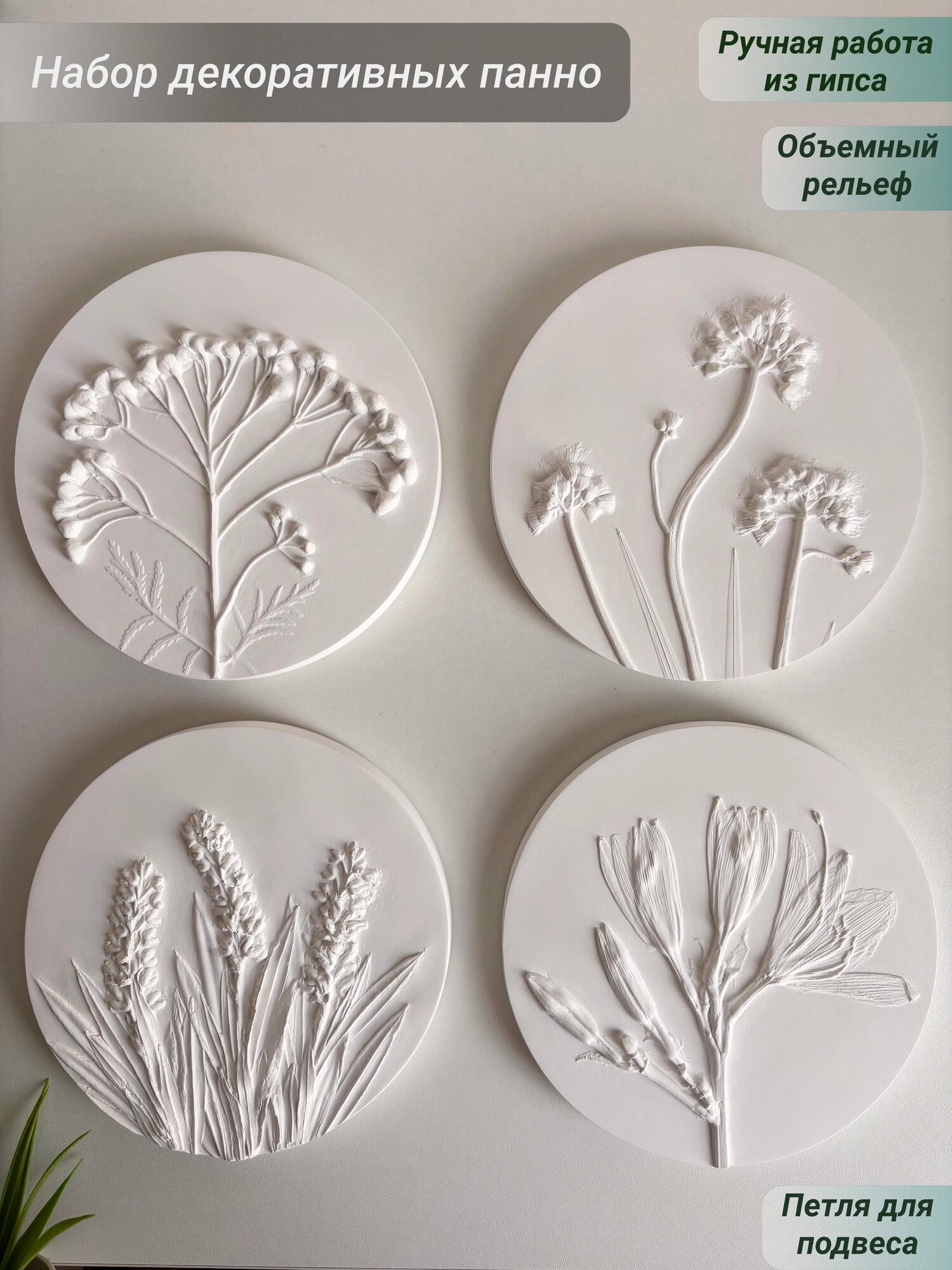 Панно из гипса на стену для интерьера. Ботанический барельеф.