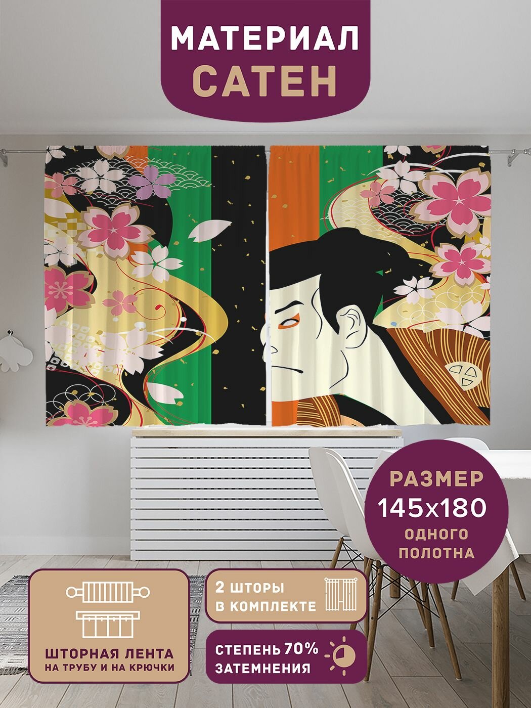 Фотошторы для кухни и спальни "Японские гравюры", 2 полотна шириной по 145 см, высота 180 см, Joyarty