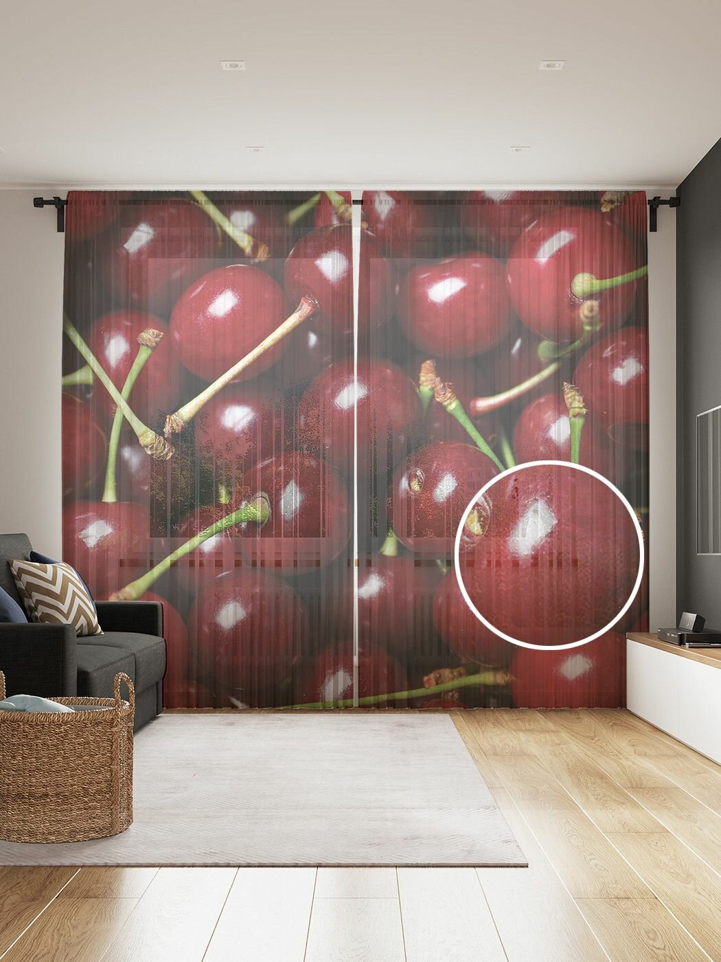 Тюль, фототюль JoyArty "Много вишен" высота 265 см, ширина 145 см (2 полотна) на шторной ленте, крючки в комплекте