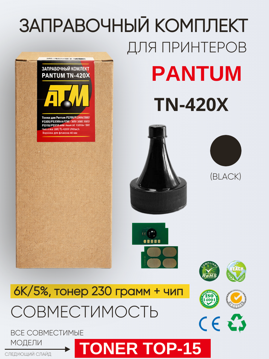 Заправочный комплект для Pantum TN-420X (6K, тонер 230 г + чип) ATM
