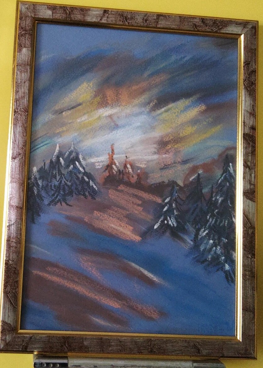 Картина авторская сухой пастелью "Зимний лес", 30 на 21 см