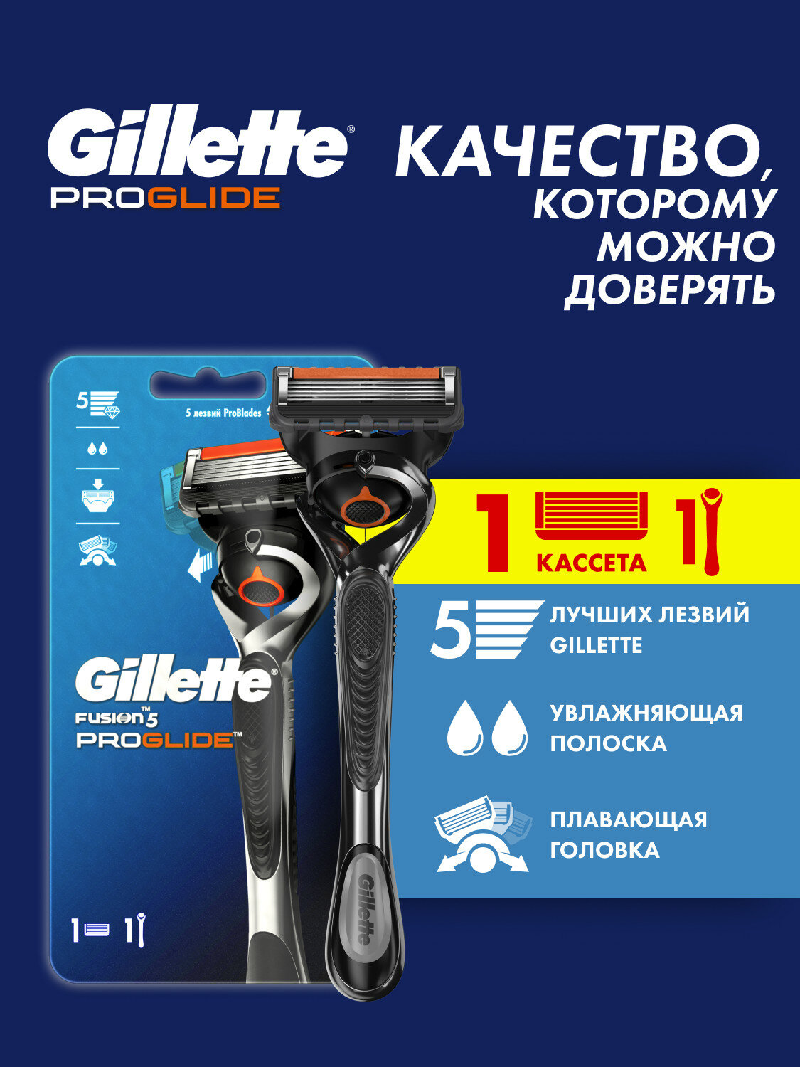 Gillette Fusion5 ProGlide Мужская Бритва , 1 кассета, с 5 лезвиями с углеродным покрытием, с технологией FlexBall, с триммером