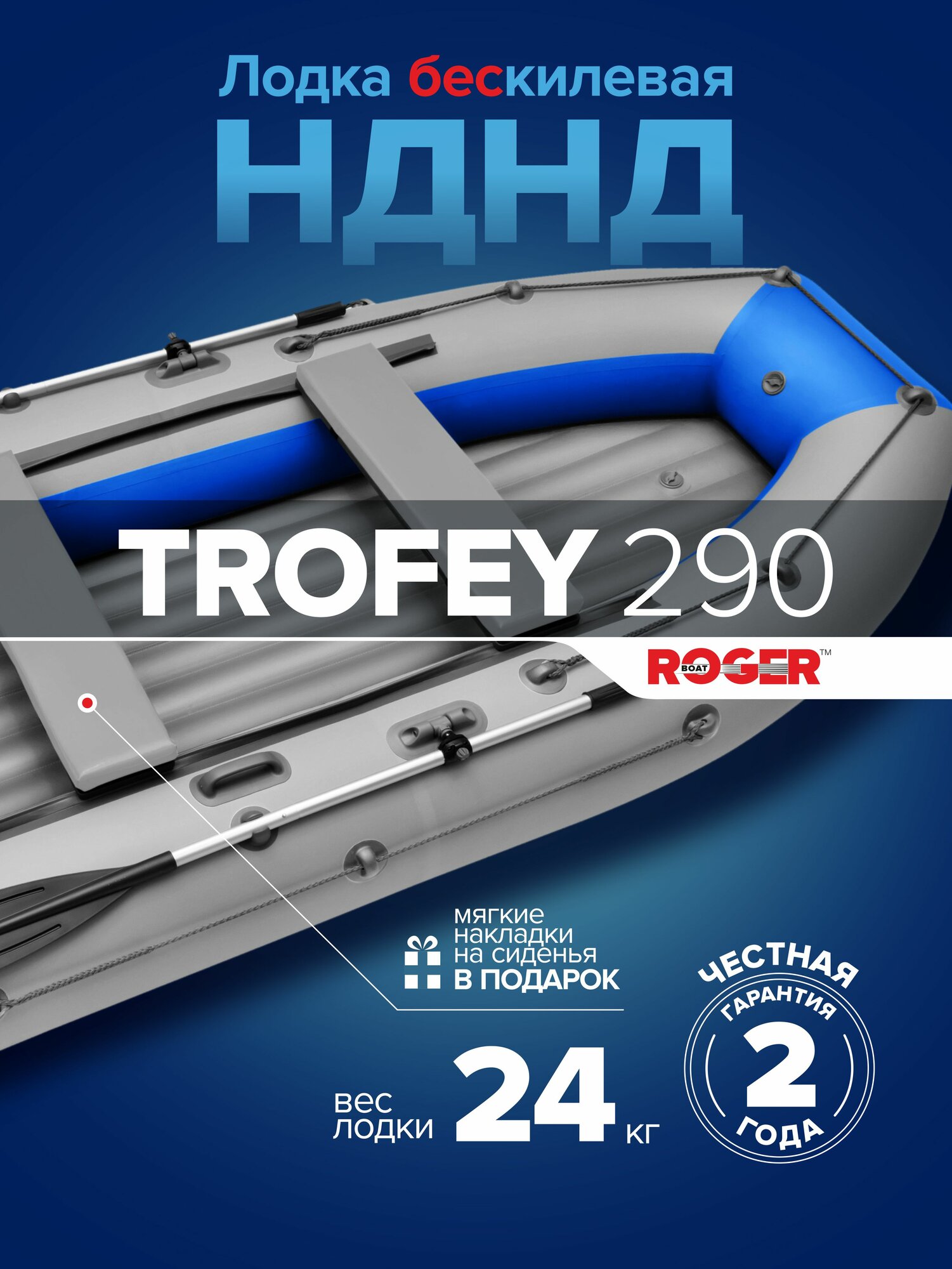 Лодка ПВХ под мотор НДНД ROGER Trofey 290, лодка надувная для рыбалки роджер (серый-синий)