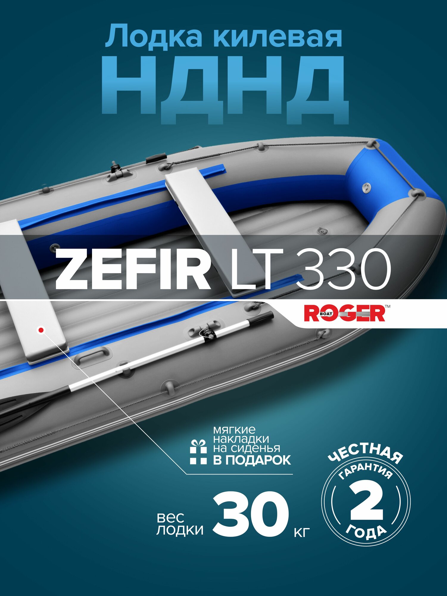 Лодка ПВХ под мотор ROGER Zefir 330 LT, лодка надувная для рыбалки роджер НДНД киль (серый-синий)