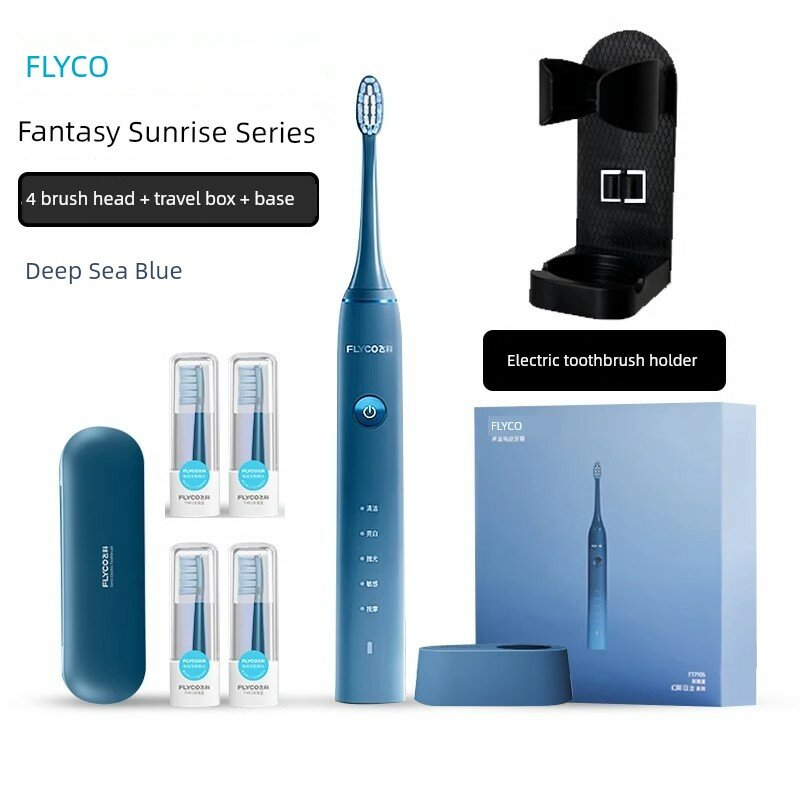 Flyco FT7105 Электрическая зубная щетка с 4 насадками, звуковая вибрация, глубокий синий + подставка