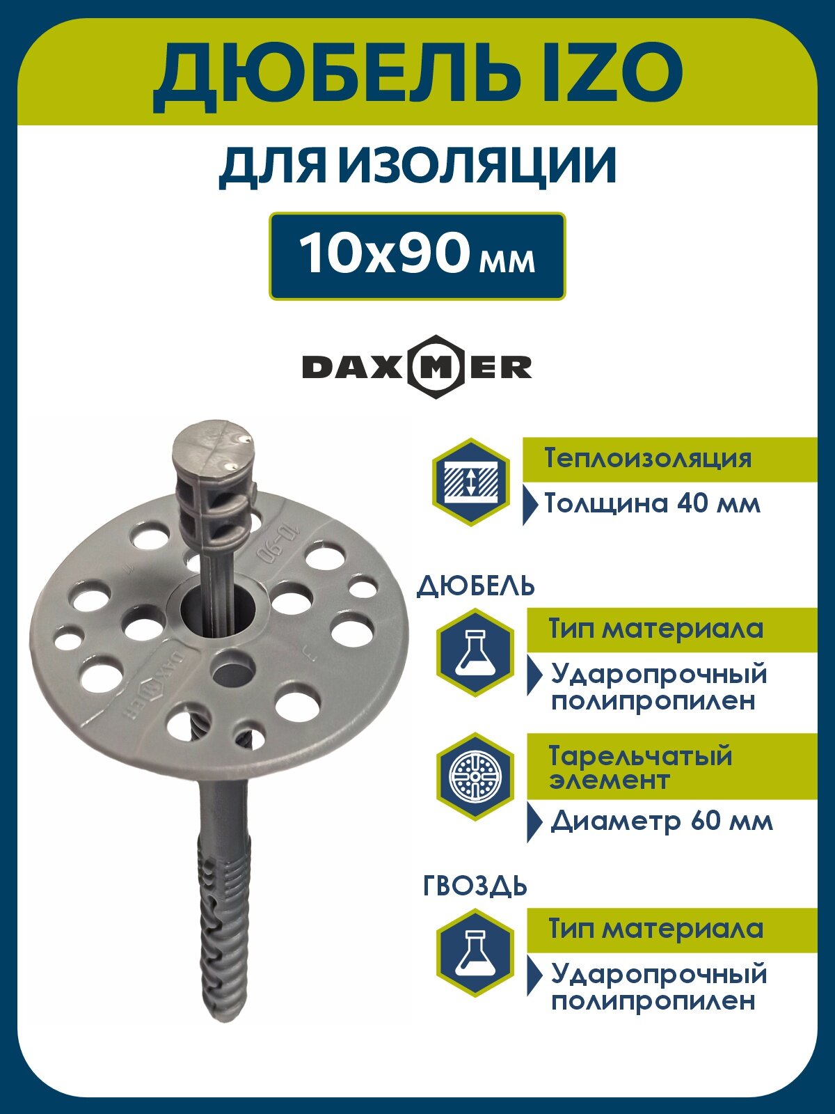 Дюбель для изоляции Daxmer 10х90 с пластиковым гвоздем (50 шт)