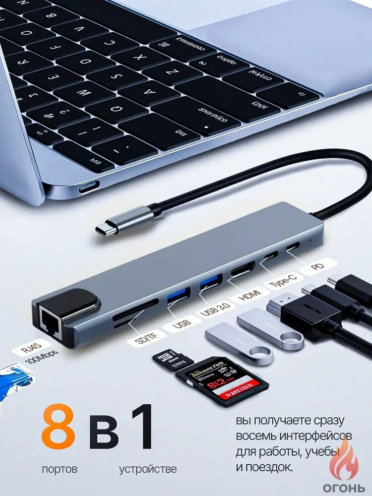USB C HUB 8 в 1 док станция концентратор для ноутбука MacBook iPad смартфон HDMI 4K 30 Гц Ethernet LAN USB 3.0 USB 2.0 кардридер SD TF USB C порт PD 100W