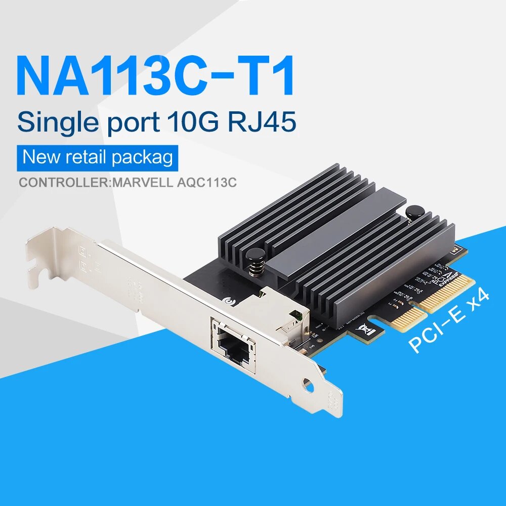 PCIex4 10G с одним портом AQC113, Ethernet, кабель LAN, Win10/11, 1G/2,5G/5G/10 Гбит/с