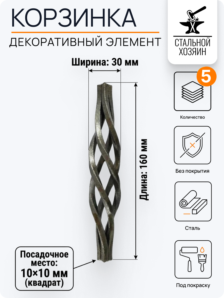 5 шт. Декоративный кованый элемент корзинка Размеры 160х30 мм