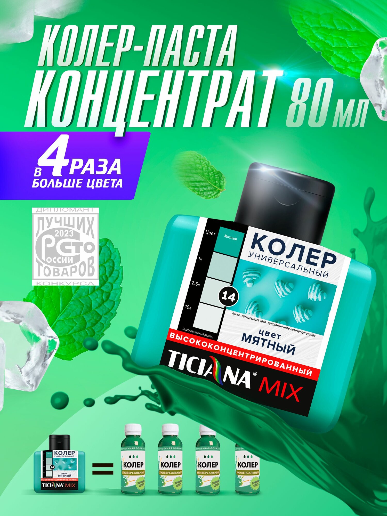 Колер-концентрат для краски универсальный TICIANA MIX, колер-паста насыщенная, Цвет: экстро Мятный, 80 мл