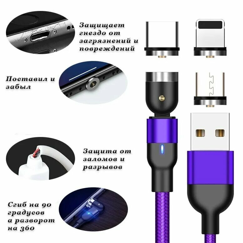 Кабель для мобильных устройств Apple Lightning/Micro-USB 2.0 Type-A, USB Type-C, 2 м, фиолетовый, лиловый