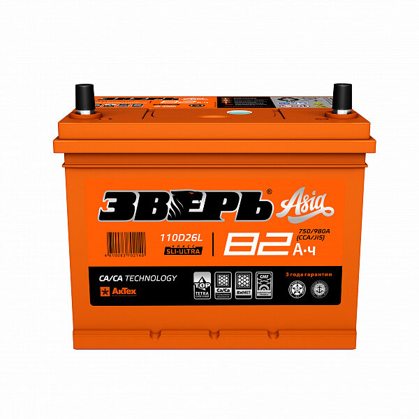 Аккумулятор автомобильный Зверь Ca/Ca ASIA 82.0 А/ч 750 A 110D26L ОП (260х175х221) D26L 261x173x225
