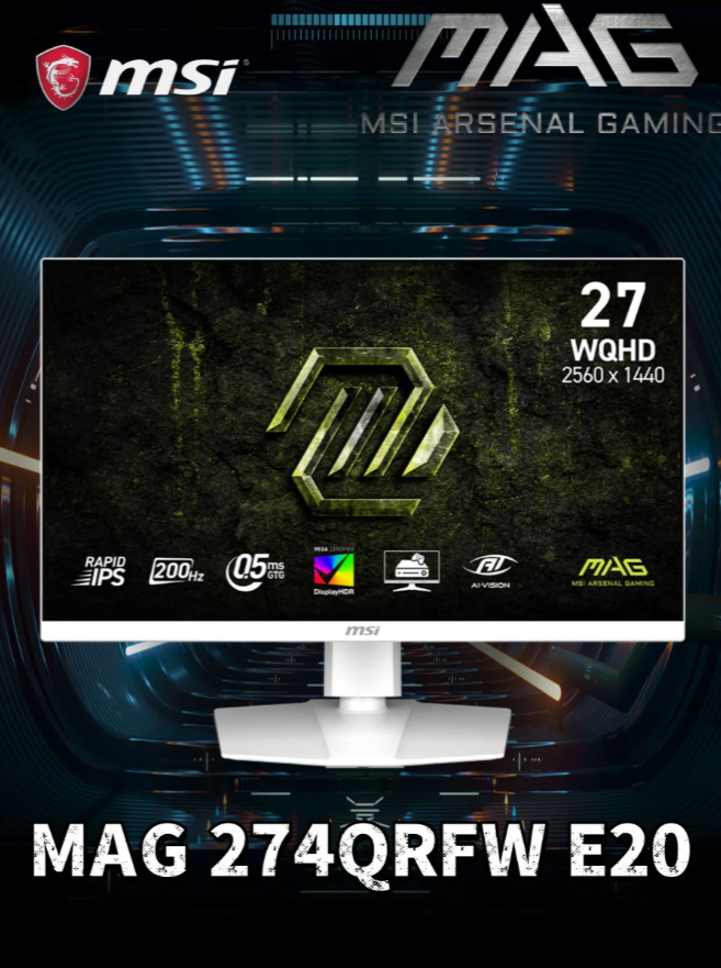 Игровой 27" монитор MSI MAG 274QRFW E20, IPS, 2560x1440, 200 Гц, 0,5 мс (GtG, мин.), белый
