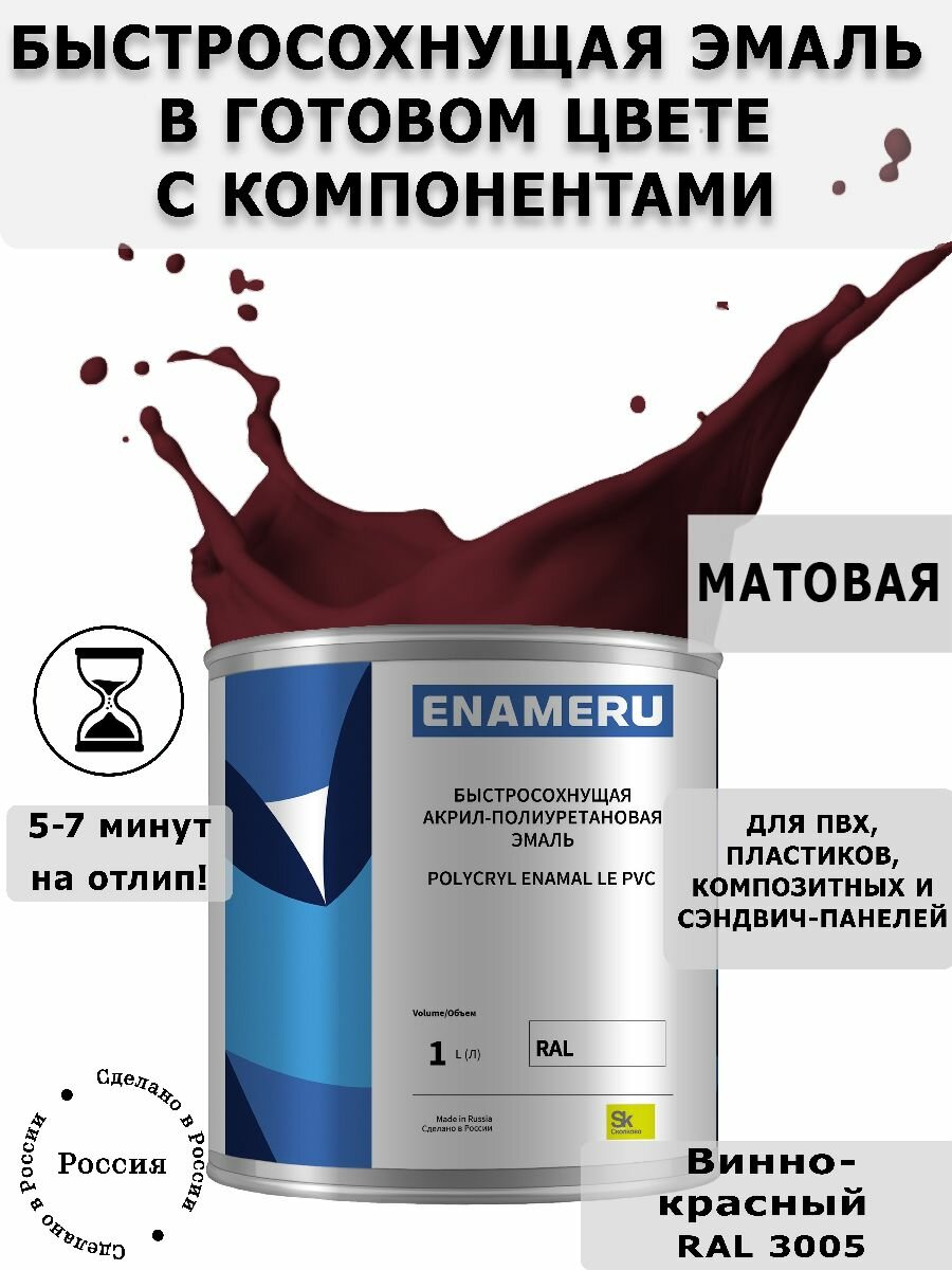 Эмаль для ПВХ и Пластика Энамеру, Акрил-полиуретановая, Матовая, Винно-красный RAL 3005, 1.35л готовой смеси