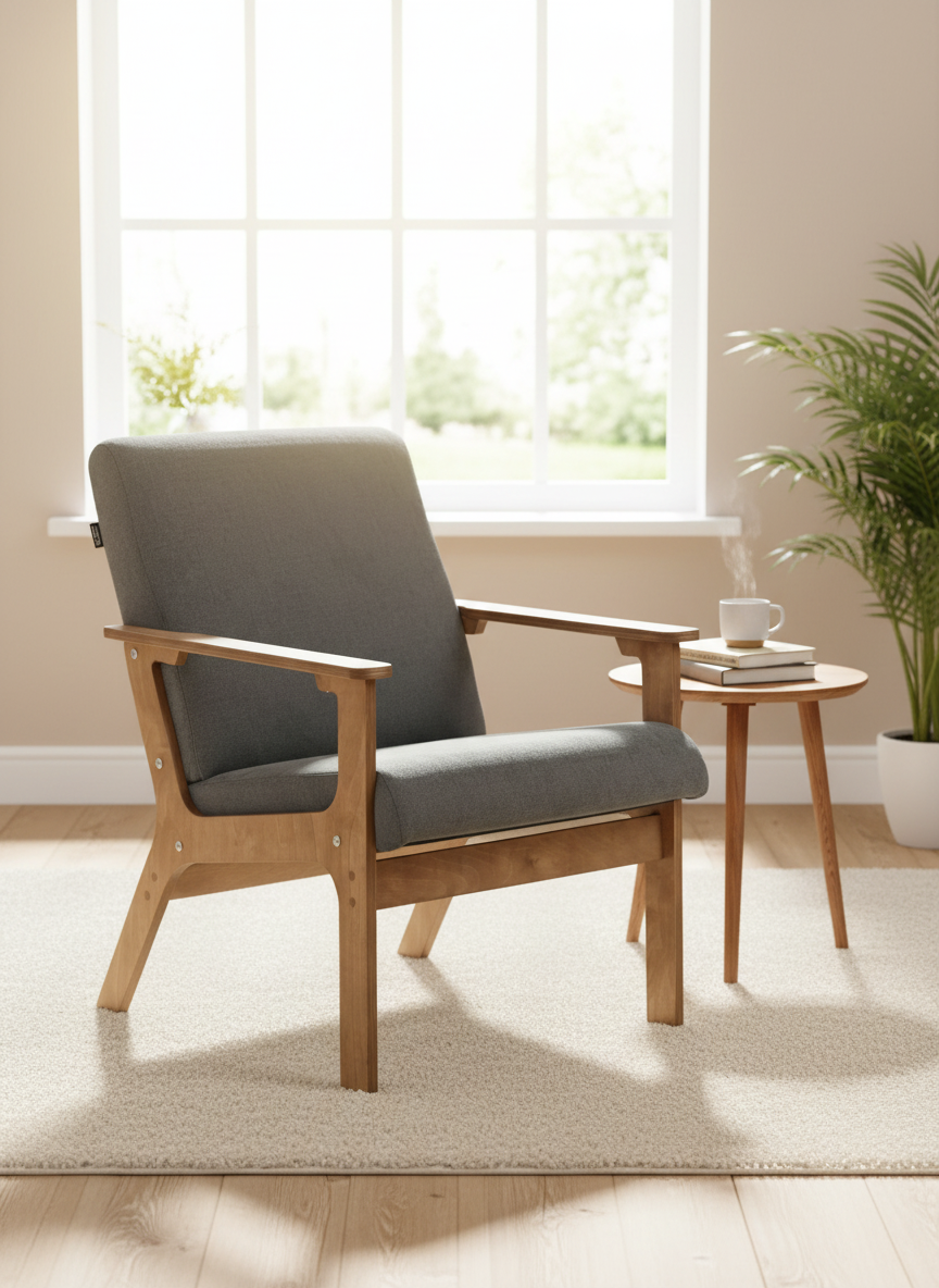 Кресло для отдыха "Ретро мини" от "Мягкой посадки" с низкой спинкой, обивка серый шенилл + ножки светлый дуб