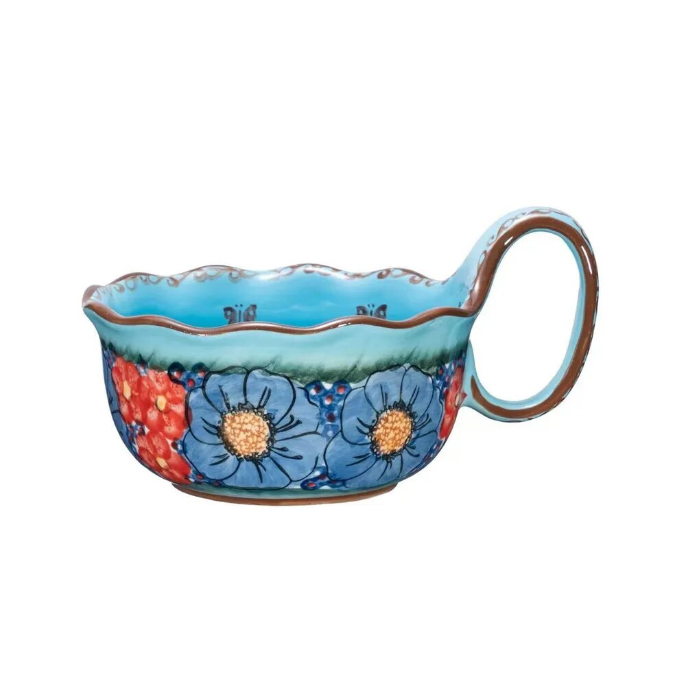 Супница с ручкой 16 см, голубая, керамика, 1 шт. для подачи супа, бульона