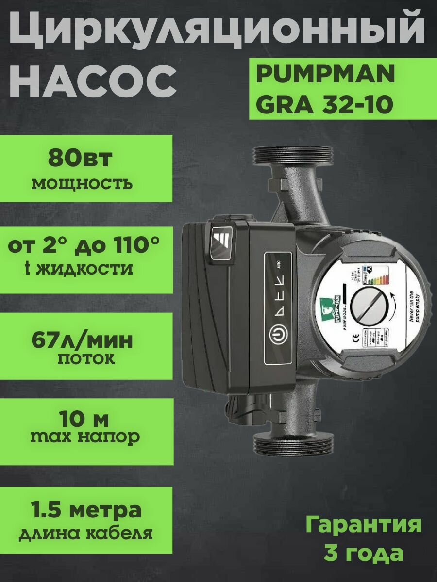 Насос циркуляционный PUMPMAN GRA 32-10 180 мм с частотным регулированием, с гайками