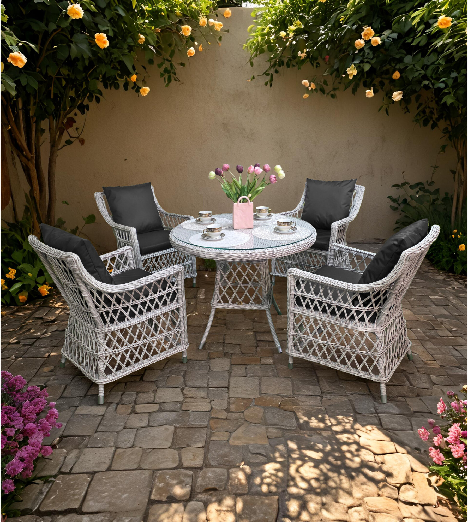 Комплект плетеной мебели "Лайм", 4 персоны, с подушками, круглый стол, 4 кресла (цвет Березка)