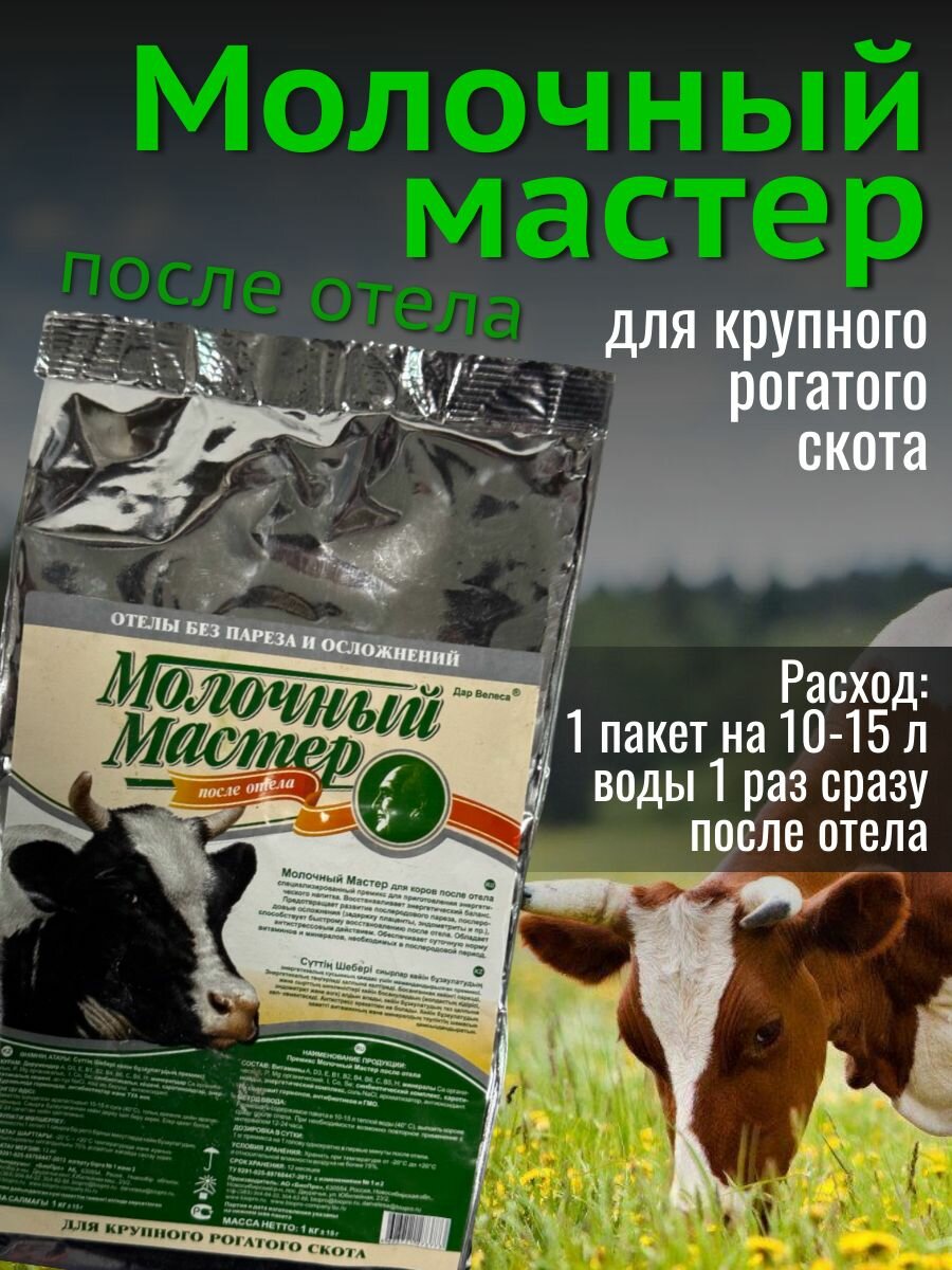 Премикс "Молочный мастер", для коров, после отела, кормовая добавка, энергетик, 1 кг