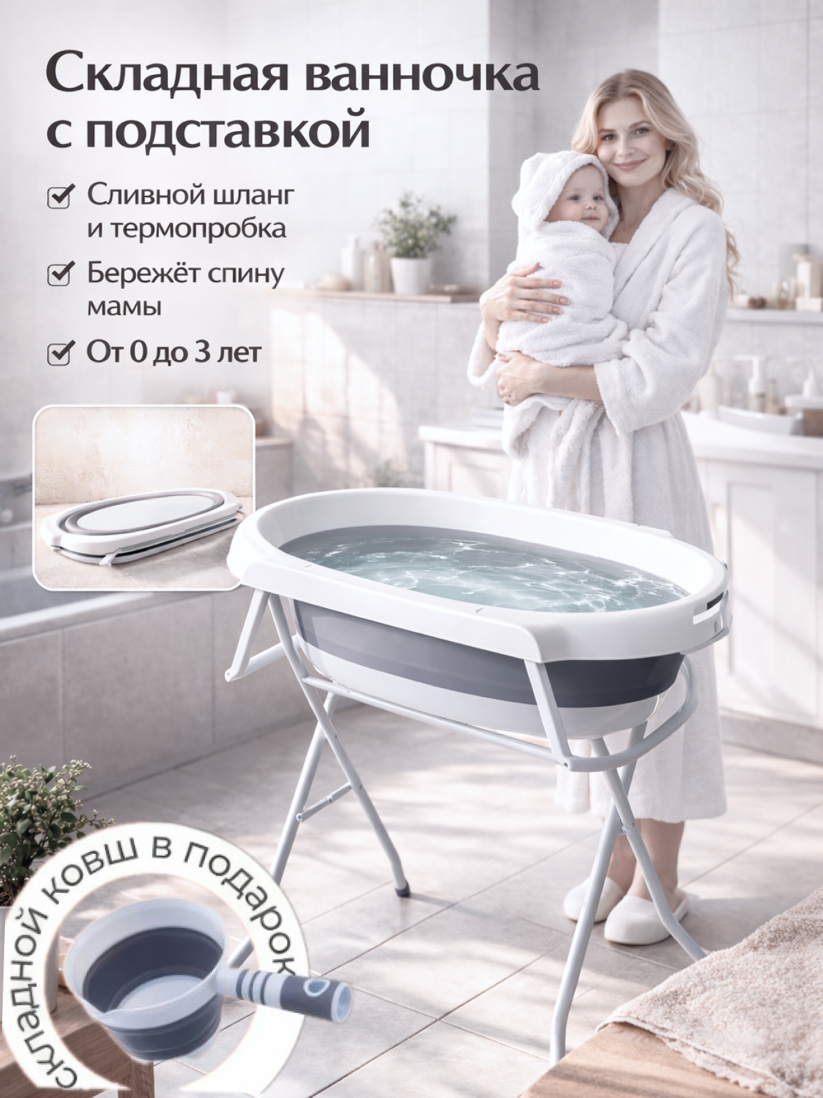 Ванночка детская "Norve" для купания новорожденных и малышей складная с подставкой и сливом 87×46см + ковшик в подарок