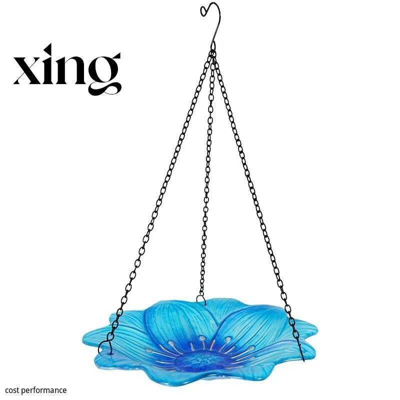 Xing Подвесная поилка для птиц, синего цвета, в форме цветка, металл и стекло, размер 25 см