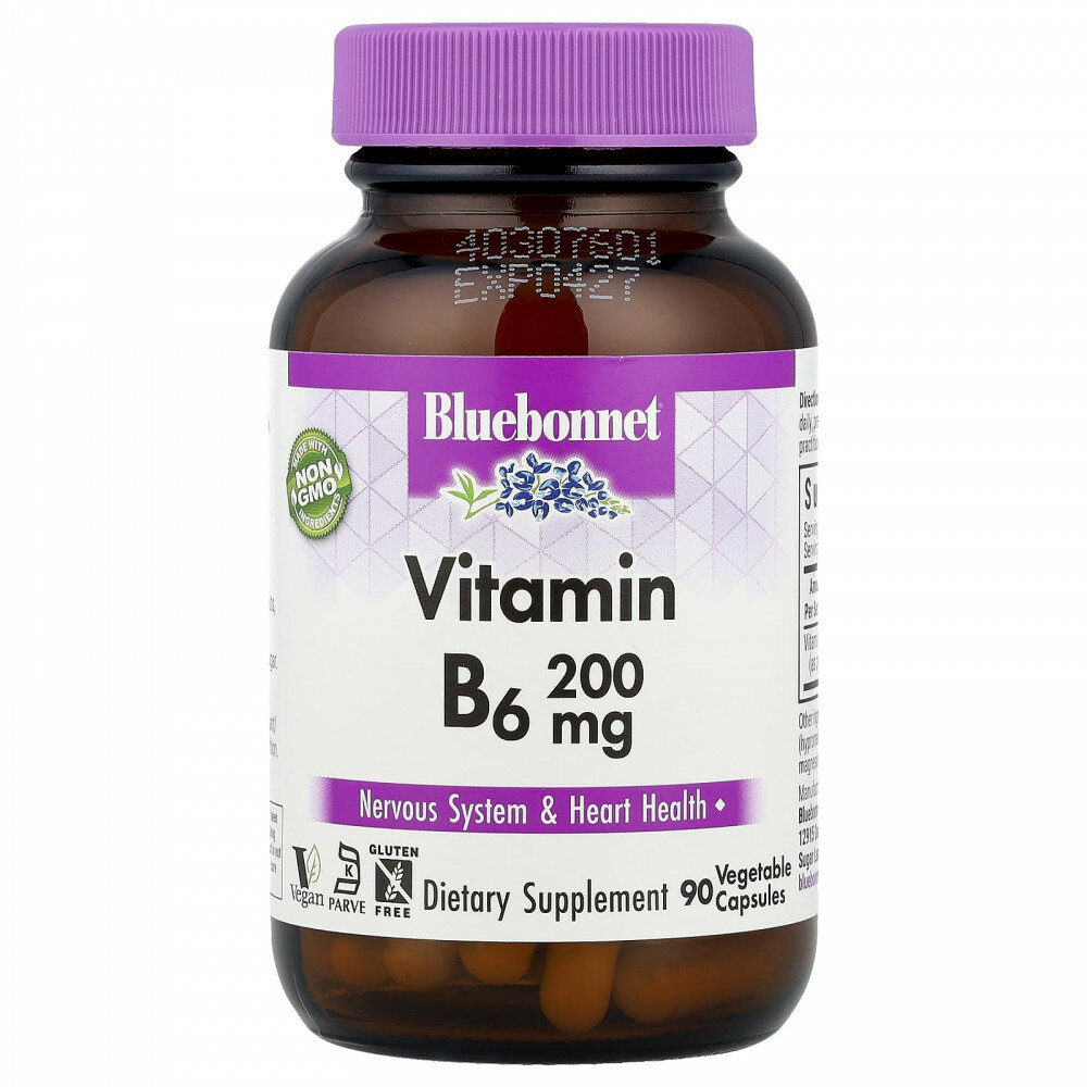 Bluebonnet Nutrition, витамин B6, 200 мг, 90 растительных капсул