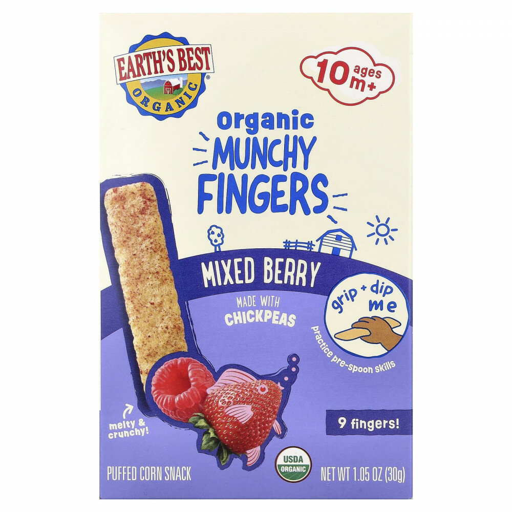 Earth's Best, Organic Munchy Fingers, кукурузный снек, для детей от 10 месяцев, ягодное ассорти, 30 г (1,05 унции)