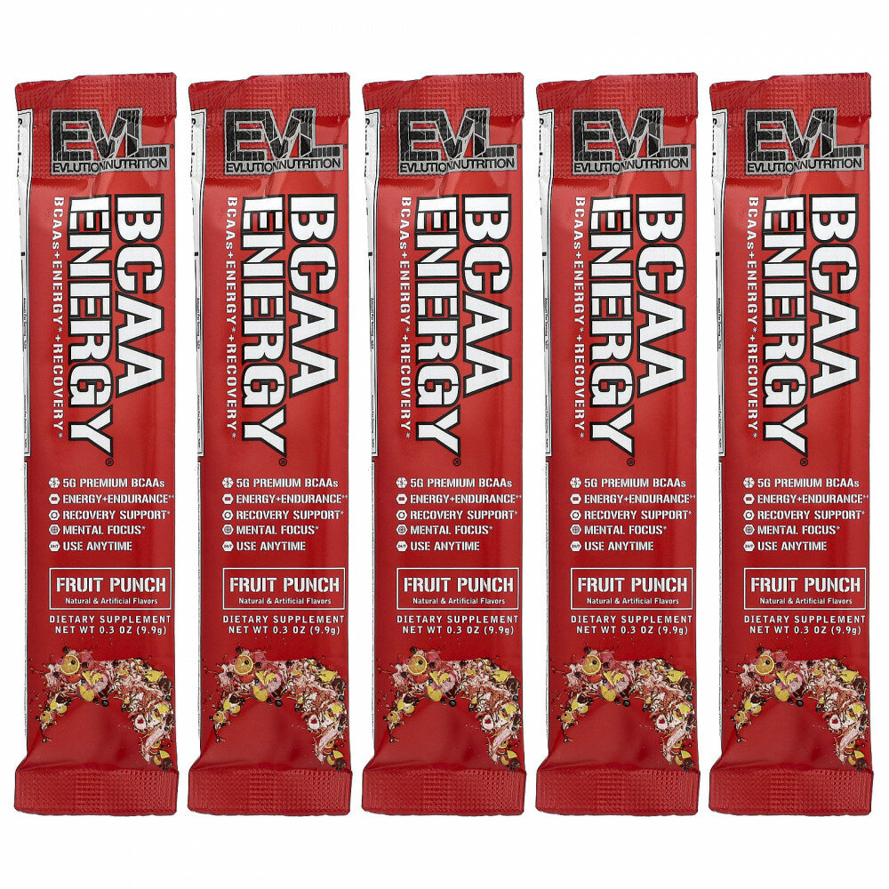 EVLution Nutrition, BCAA Energy®, фруктовый пунш, 5 пакетиков по 9,9 г (0,3 унции)