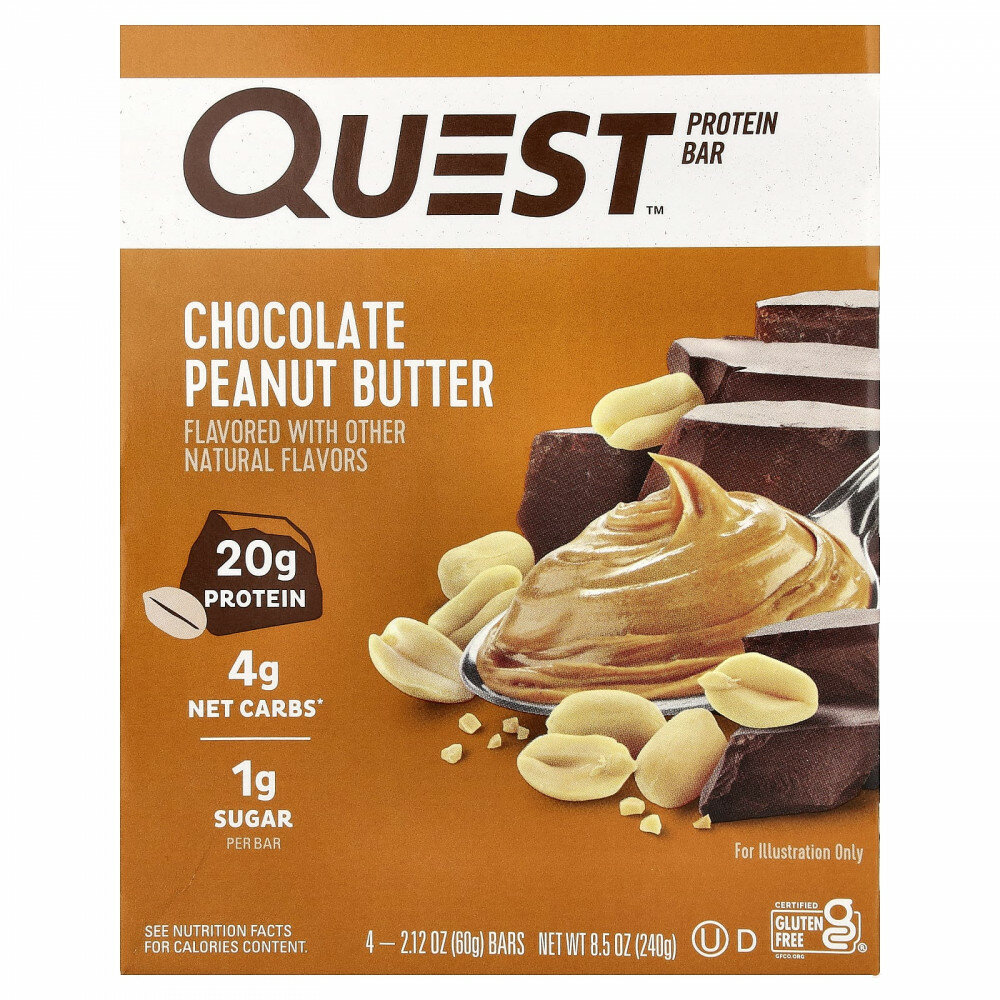 Quest Nutrition, Protein Bar, шоколадно-арахисовая паста, 4 батончика, 60 г (2,12 унции)