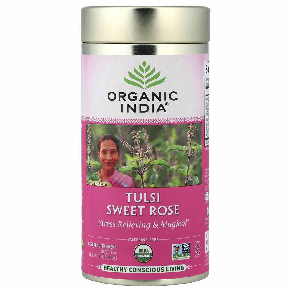 Organic India, чай тулси с сладкой розой, без кофеина, 100 г (3,5 унции)