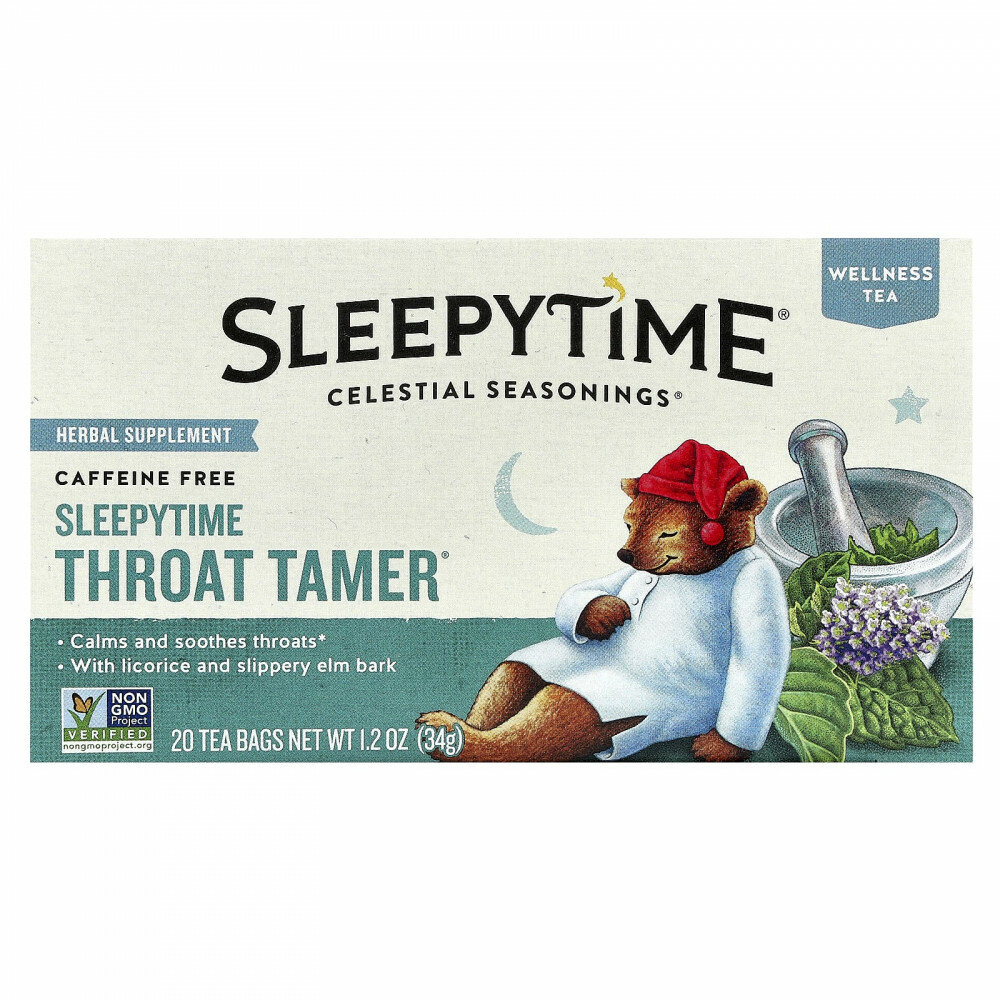 Celestial Seasonings, Wellness Tea, Sleepytime Throat Tamer®, без кофеина, 20 чайных пакетиков, 34 г (1,2 унции)